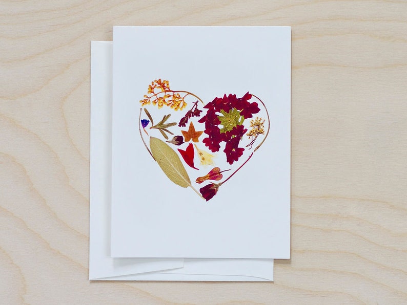 Pressed Flower Heart Card: Botanical Art Notecard Print for Valentine's ...