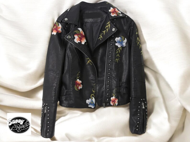 Floral Print Leather Jacket | Grunge Rivet Pocket Outerwear | Layering ...