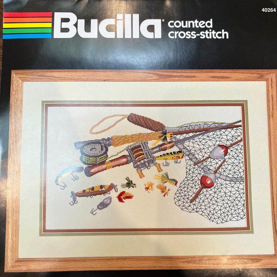 Bucilla “fishing Gear” 40264 Counted Cross Stitch Kit 12x16 Rare Lures ...