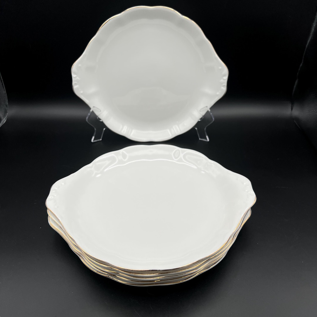 Set of 6 Vintage Royal Vale Bone China White Gold Rimmed Handled Plates ...