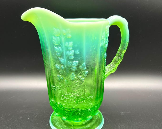 Vintage Mosser Green Glass Iridescent Water Pitcher Grapevine Floral ...