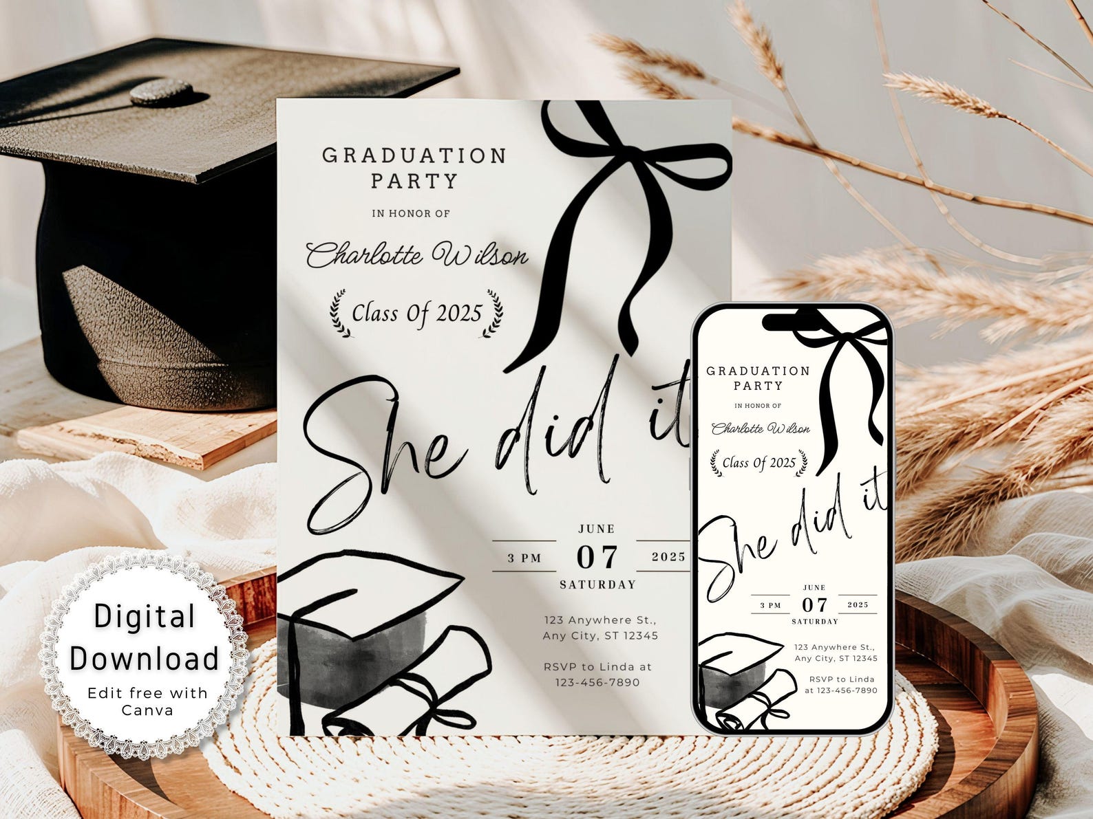 Editable Black Bow Graduation Party Invitation, Graduation Announcement ...