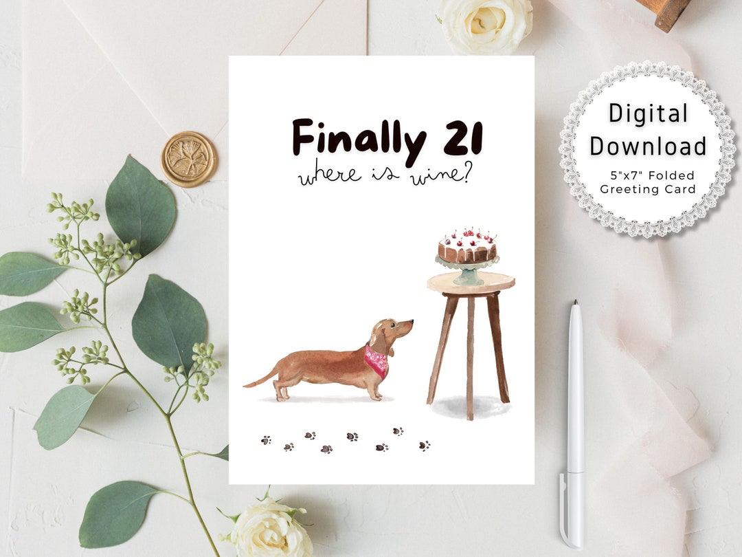 Printable Birthday Card, 21st Happy Birthday Card Featuring Cute Dog ...