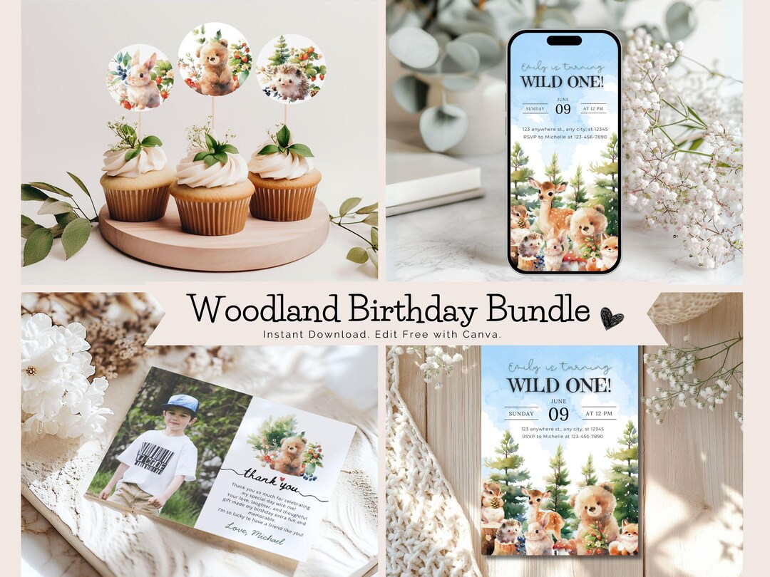 Woodland Birthday Bundle, Editable Forest Animal Birthday Invitation ...
