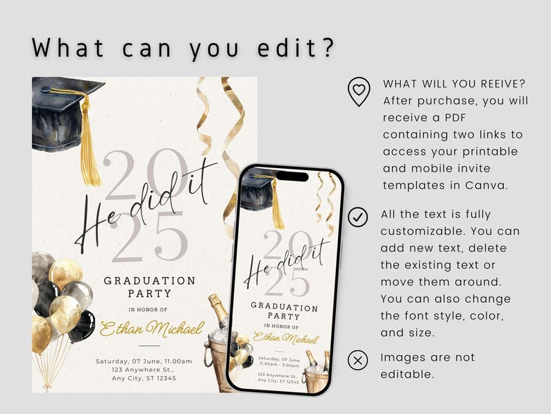 Editable Graduation Party Invitation Class of 2025, Printable Grad ...