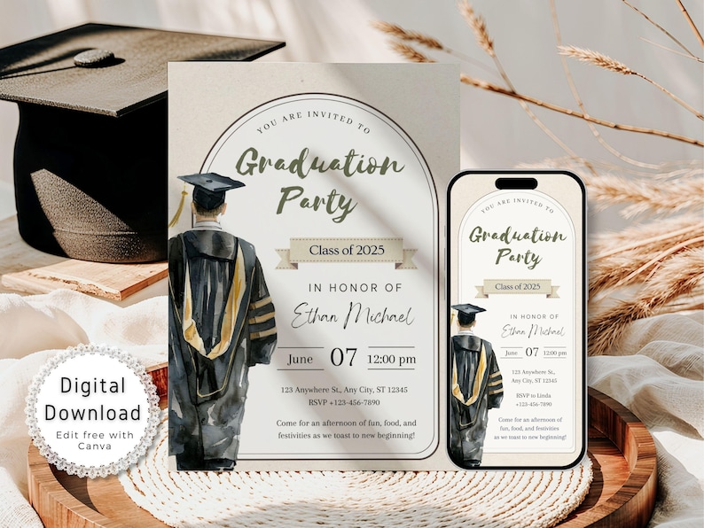 Editable Boy Graduation Party Invitation Class of 2025 Men Grad Party ...