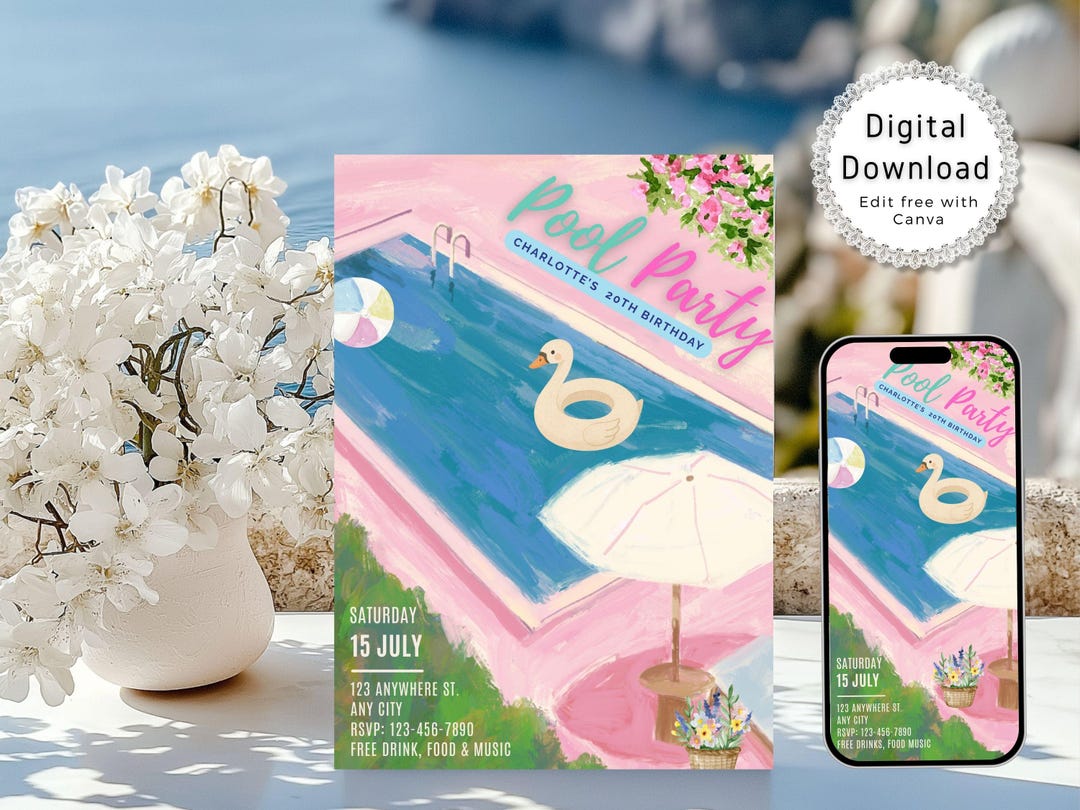 Pink Summer Pool Party Invitation | Girls Birthday Pool Party Invite ...