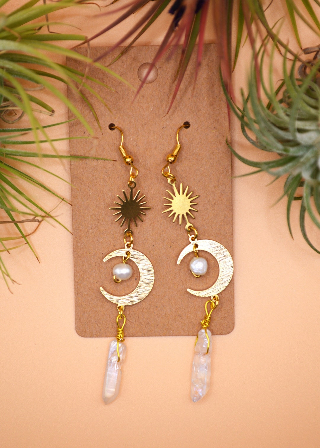 Half Moon and Titanium Plated Quartz Dangle Earrings Gold Handmade - Etsy