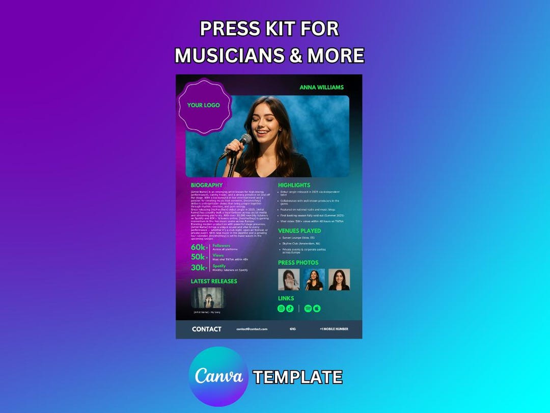 One-page Music Artist Media Kit Template for Canva – EPK for Booking ...