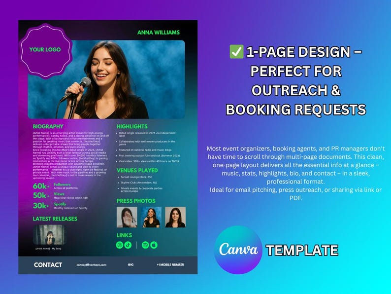 One-page Music Artist Media Kit Template for Canva – EPK for Booking ...