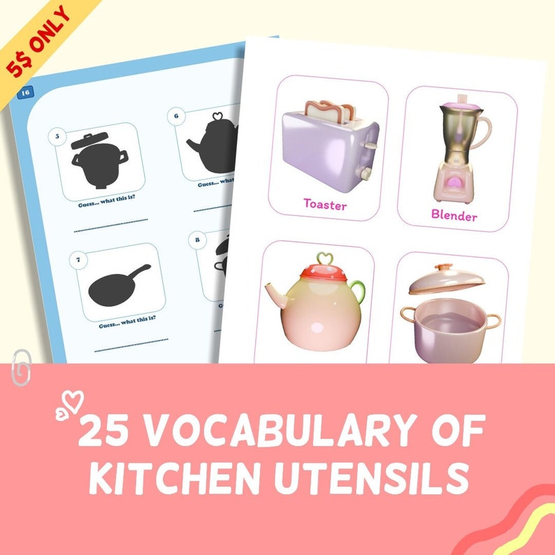 Flash Cards & Assignment of Kitchen Utensils. - Etsy