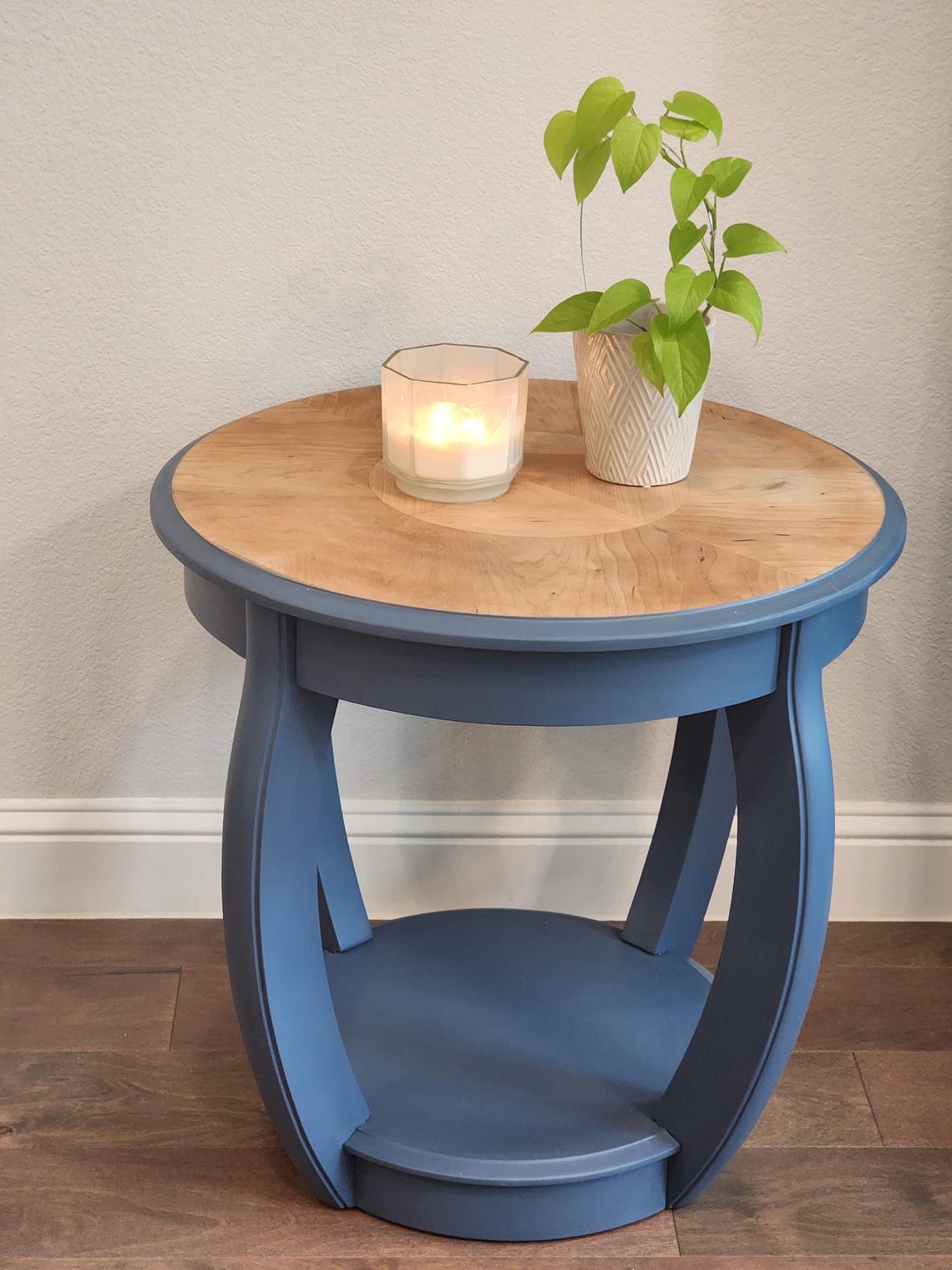 Hand-painted Round Accent Table – Navy Blue & Natural Wood Refinished ...