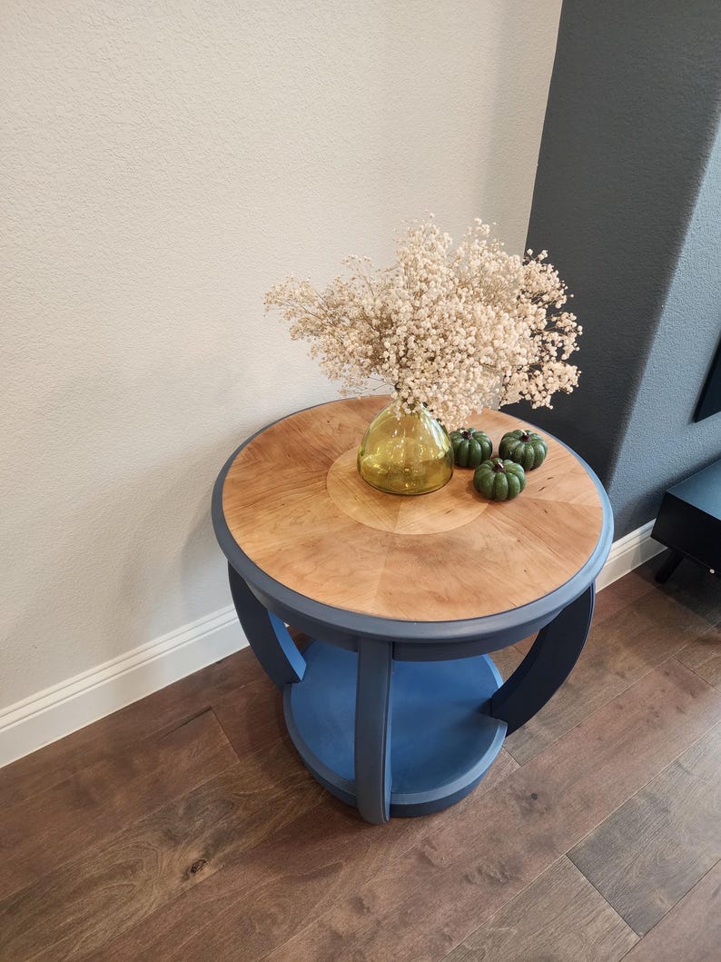Hand-painted Round Accent Table – Navy Blue & Natural Wood Refinished ...