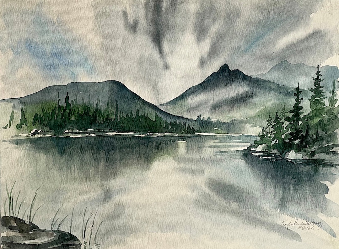 Watercolor Painting, Mountain Reflection Landscape Original Art by ...
