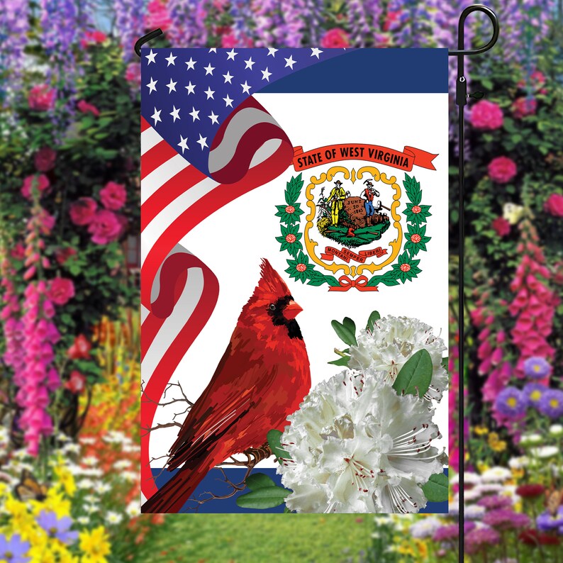 West Virginia Cardinal and Rhododendron Flower Flag, Decorative Flag ...
