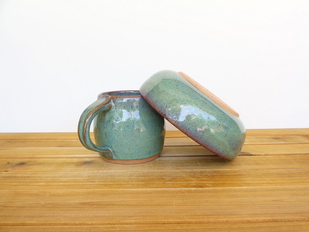 Ceramic Pottery Breakfast Set - One Mug and One Bowl in Sea Mist Glaze ...