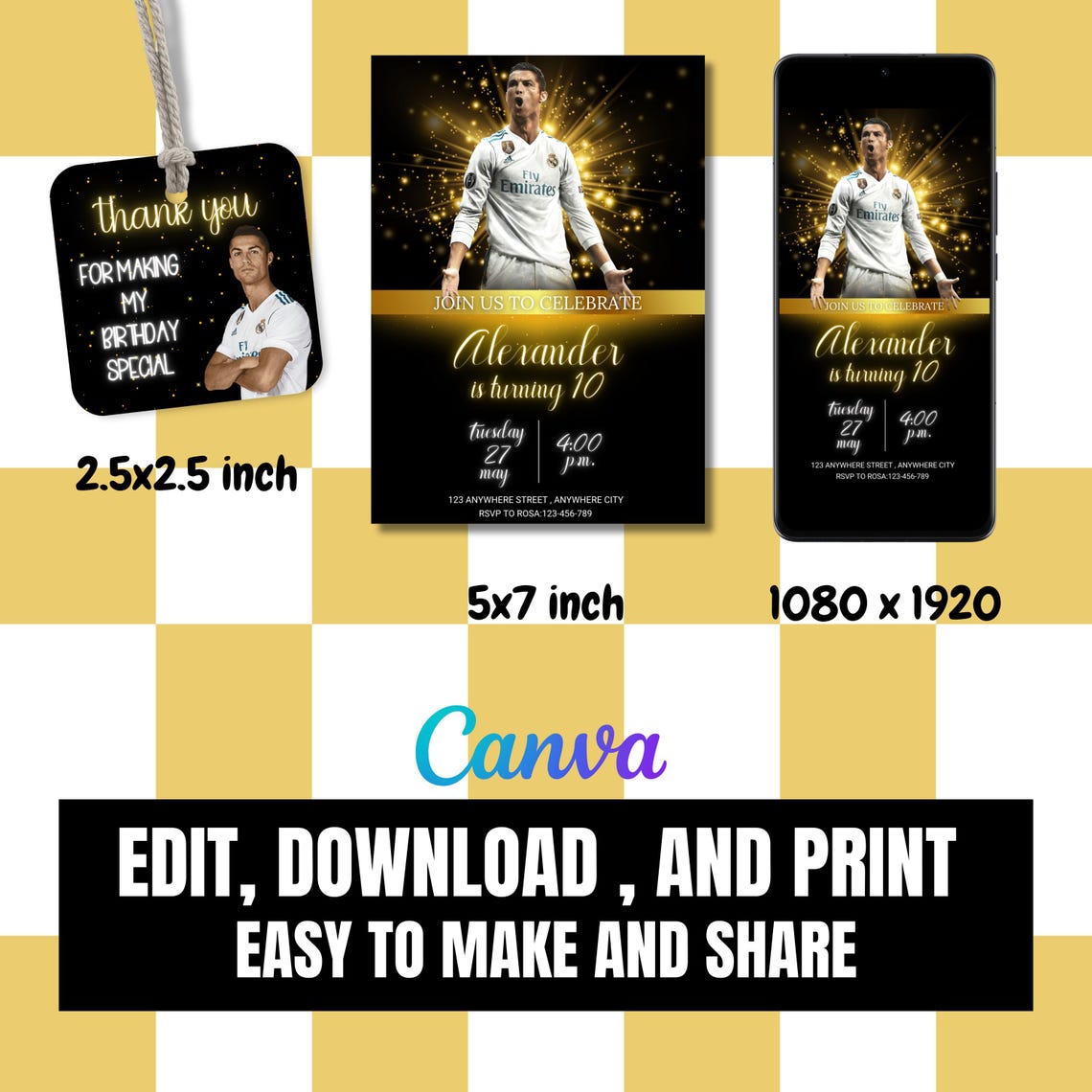 Cristiano Ronaldo Birthday Invitation, Birthday Card, CR7 Invitation ...