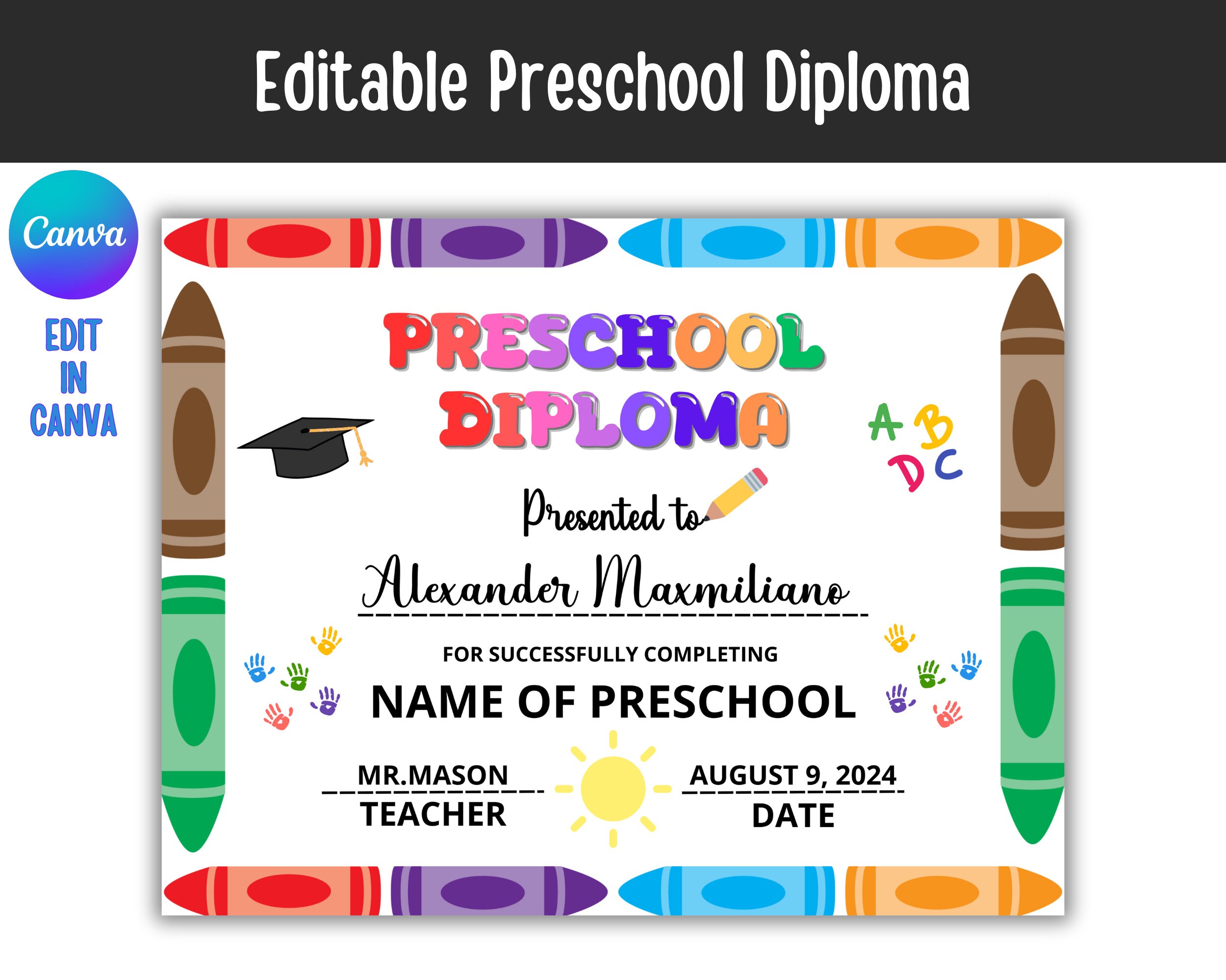 Editable Preschool Graduation Certificate, Editable Preschool Diploma ...