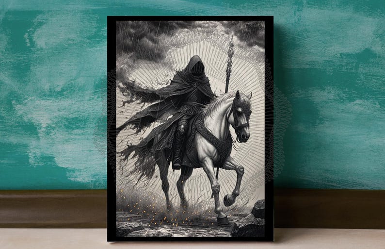 Cloaked Rider on Horseback Halloween Wall Art, Black & White Digital ...