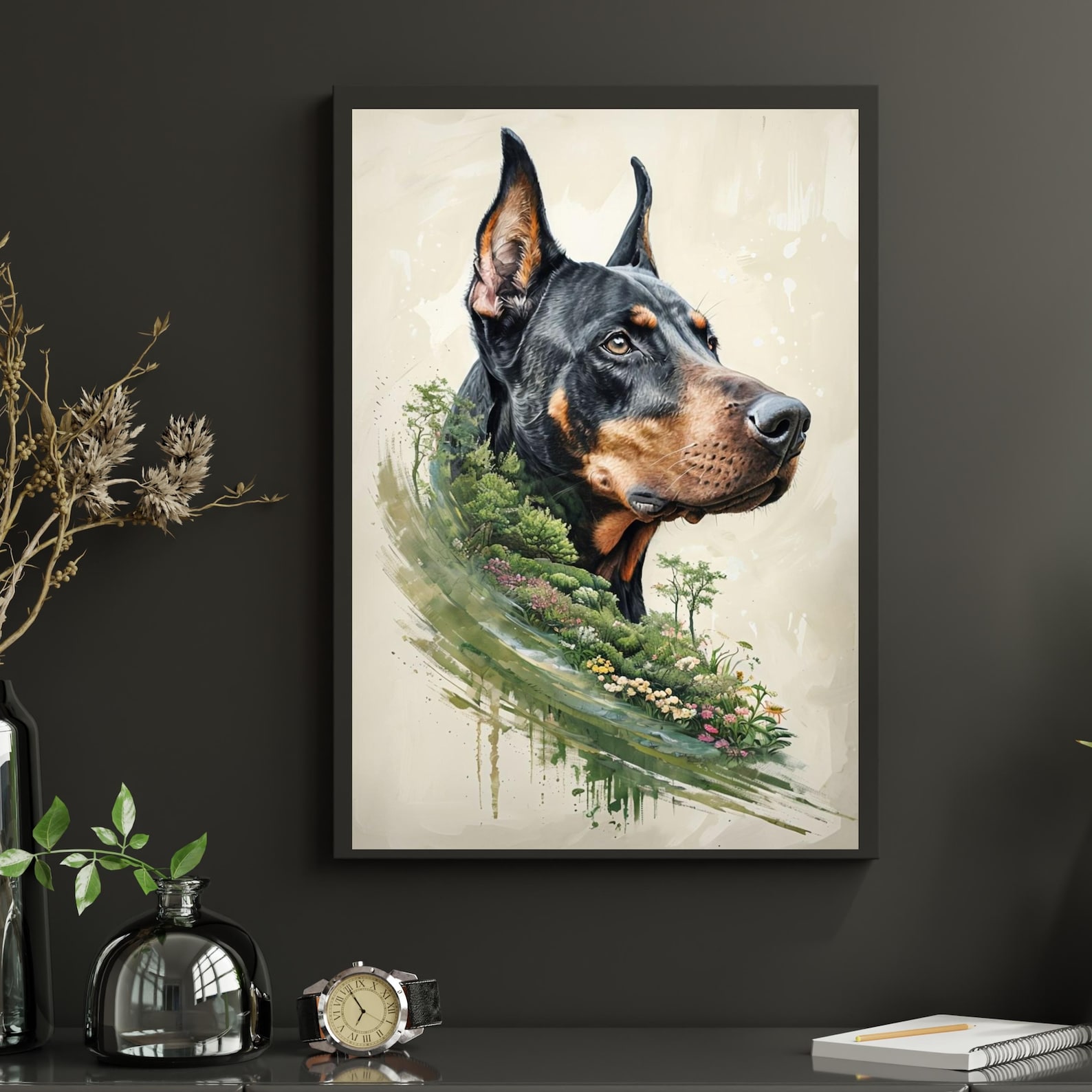 Elegant Protector: Doberman Pincher Wall Art With a Garden Landscape ...