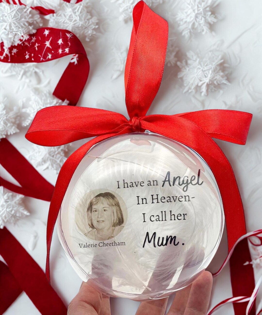 Personalised Floating Picture Memorial Bauble With Feathers Quote ...