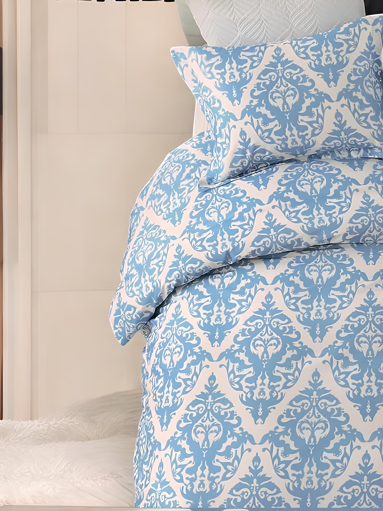 Luxury Damask, Blue Double Bed Duvet Cover Set With Fitted Sheet - Etsy