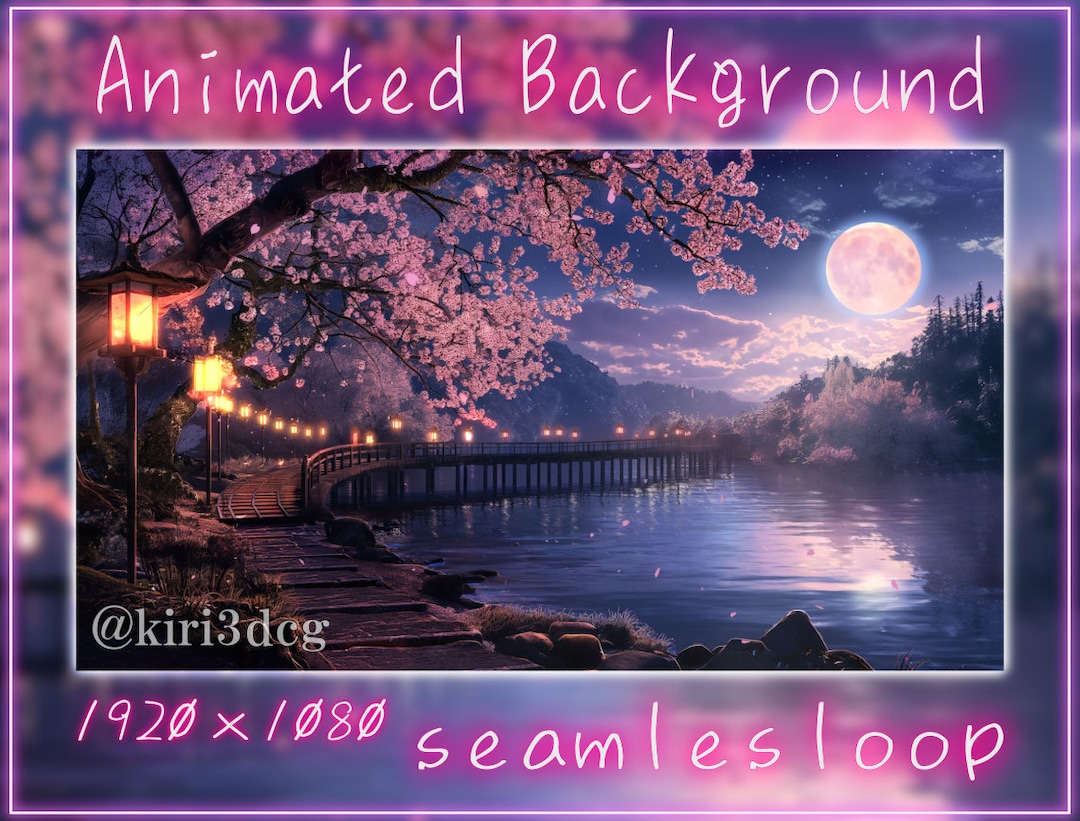 Animated Background Moonlight Illuminated Pier With Falling Cherry ...