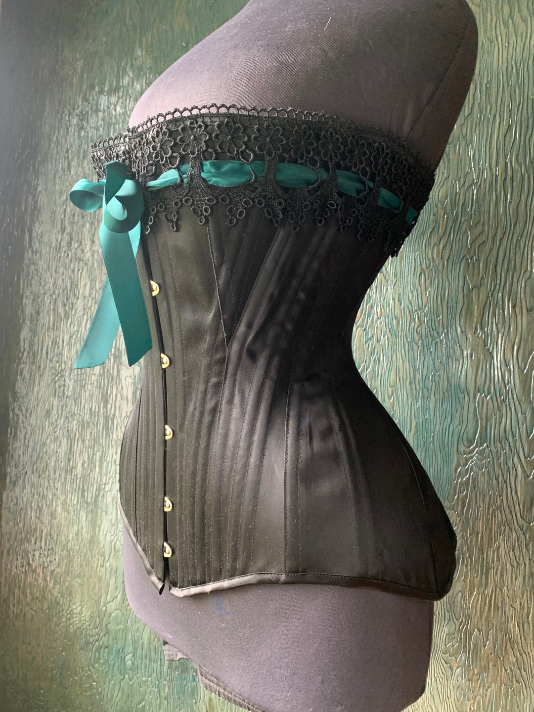 Edwardian S-curve Corset: Black Satin Coutil, Teal Ribbon, 26-30 Inch ...