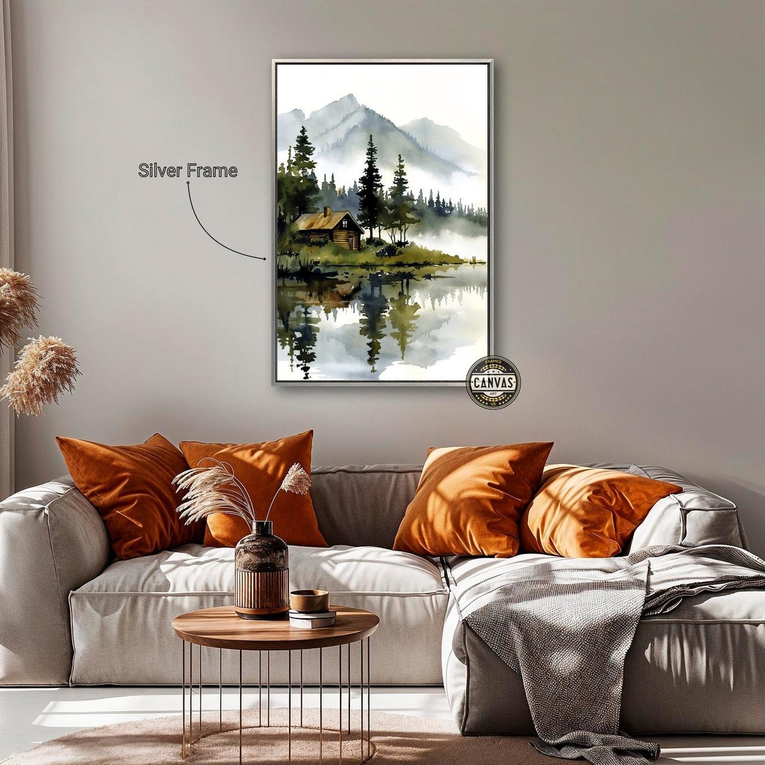 Forest Cabin by Lake Framed Canvas Wall Art Mountain Landscape ...