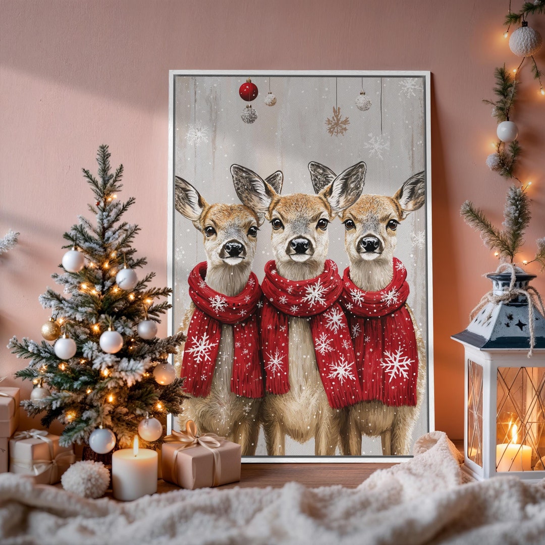 Christmas Reindeers Framed Canvas Print Animal in Festive Scarf Canvas ...