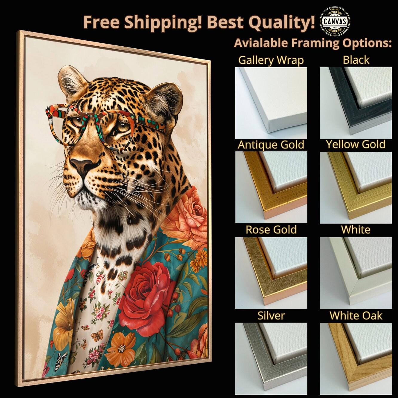 Fancy Leopard in Floral Jacket Framed Canvas Wall Art Fashion Animal ...