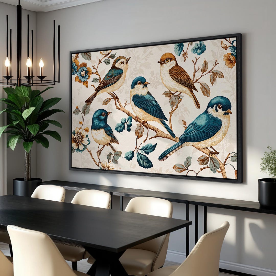 Vintage Bird and Floral Art - Framed Canvas Print, Retro Style Room ...