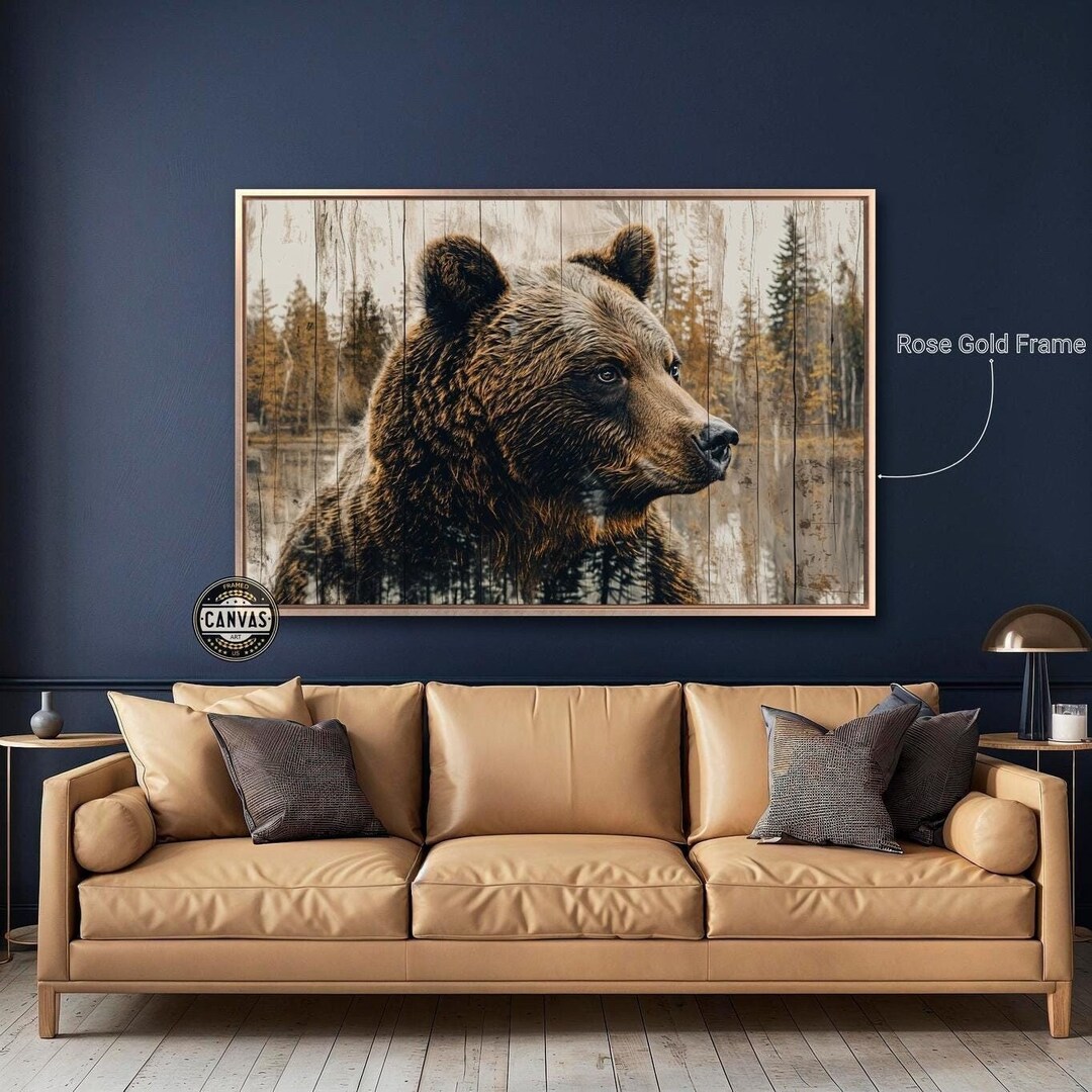 Rustic Bear Portrait on Wood Background Framed Canvas Wall Art Wildlife ...
