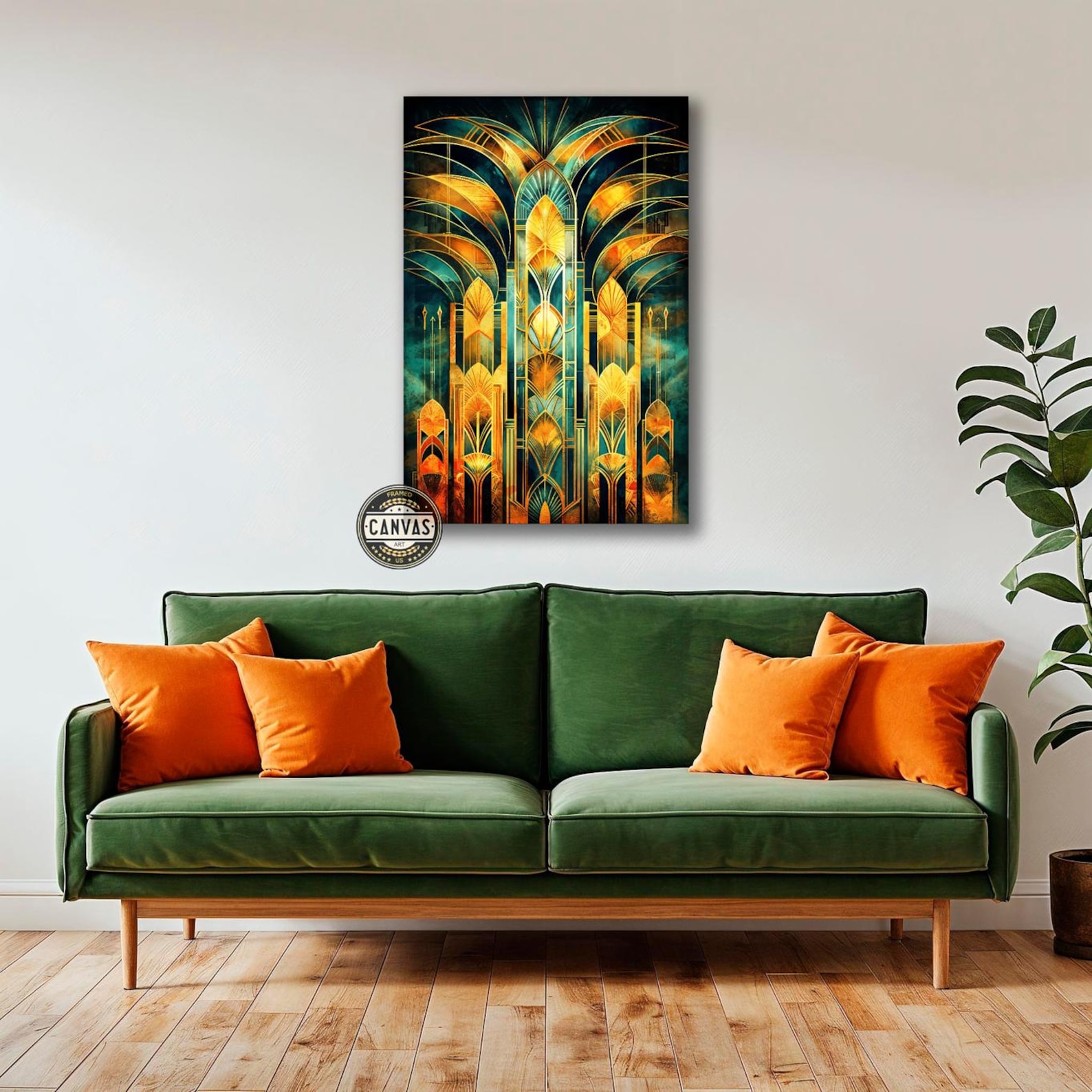 Stunning Art Deco Framed Wall Canvas Golden and Teal Geometric Art Deco ...