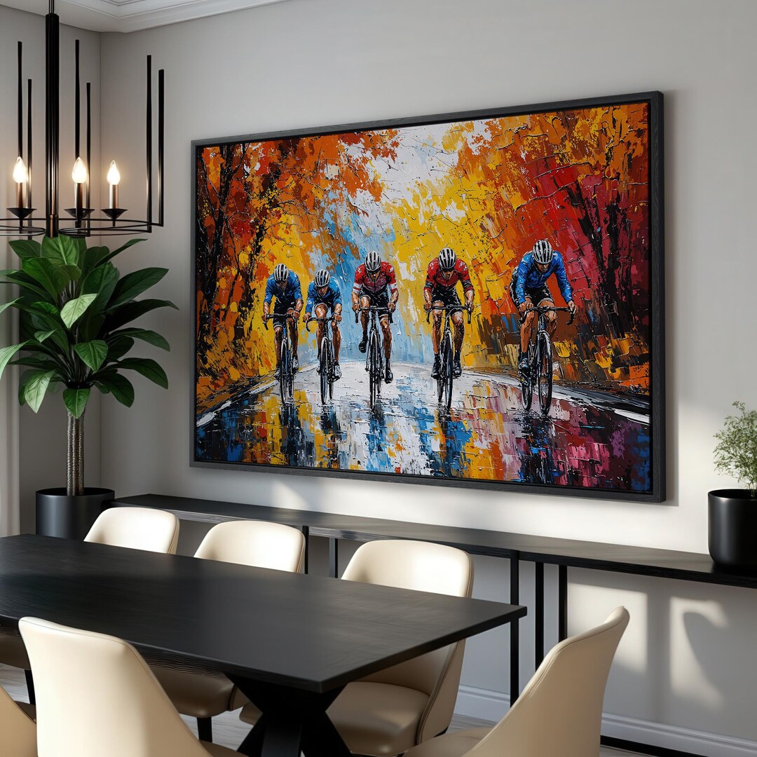 Autumn Cyclists Riding Framed Canvas Wall Art Vibrant Cycling Painting ...