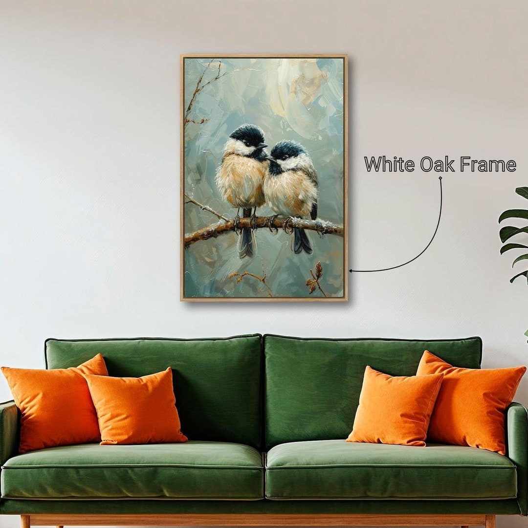 Charming Chickadees Framed Canvas Wall Art Two Birds on Tree Branch ...