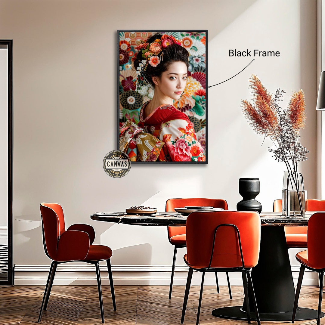 Traditional Geisha Framed Canvas Print Red Kimono Floral Design Canvas ...