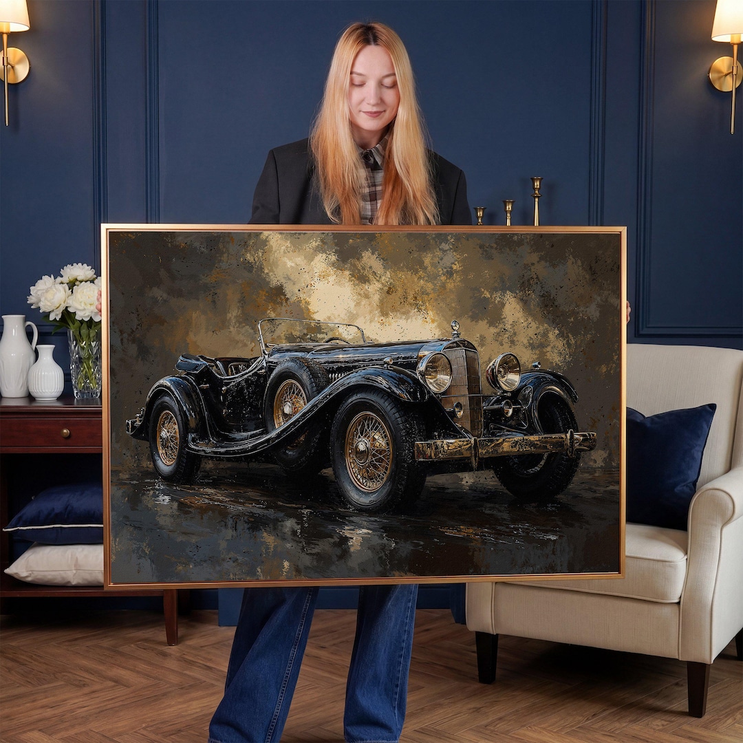 Retro Car Framed Canvas Wall Art Vintage Car Painting Print Elegant ...