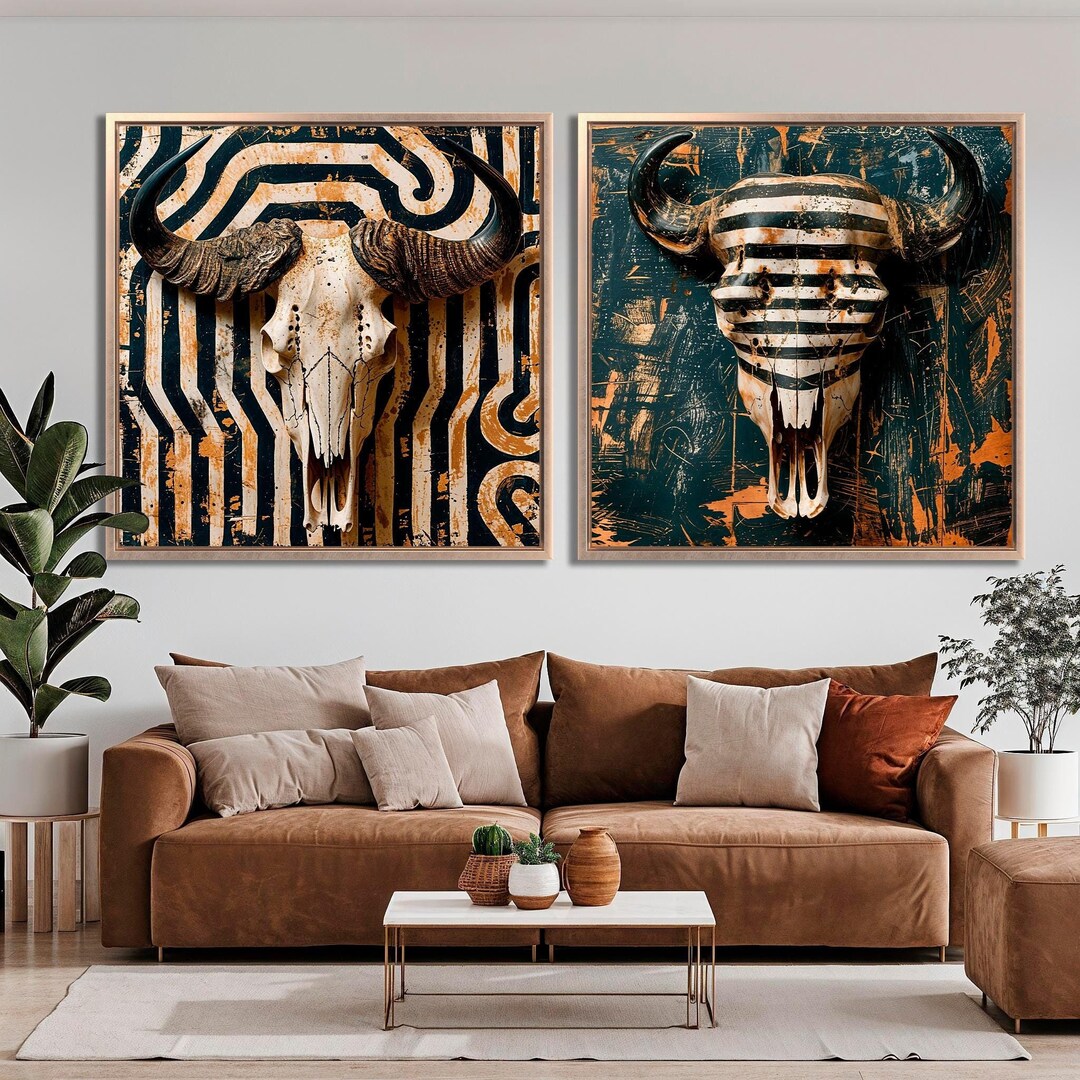 Horned Animal Skulls Set of 2 Framed Canvas Wall Art Bull and Buffalo ...