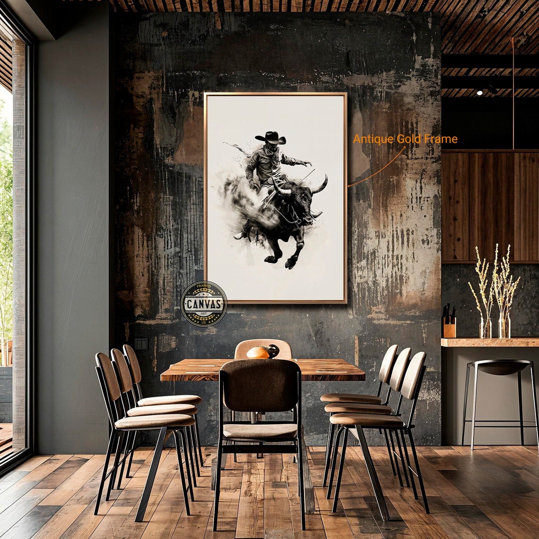 Thrilling Rodeo Cowboy Framed Canvas Wall Art Dynamic Bull Riding ...
