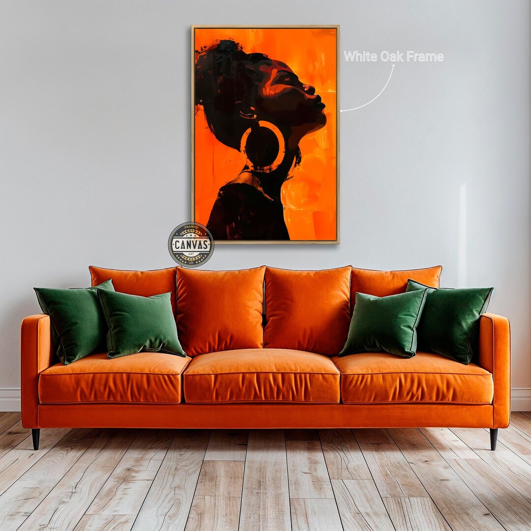 African American Girl Portrait Framed Canvas Wall Art Orange and Black Woman Painting Print ...