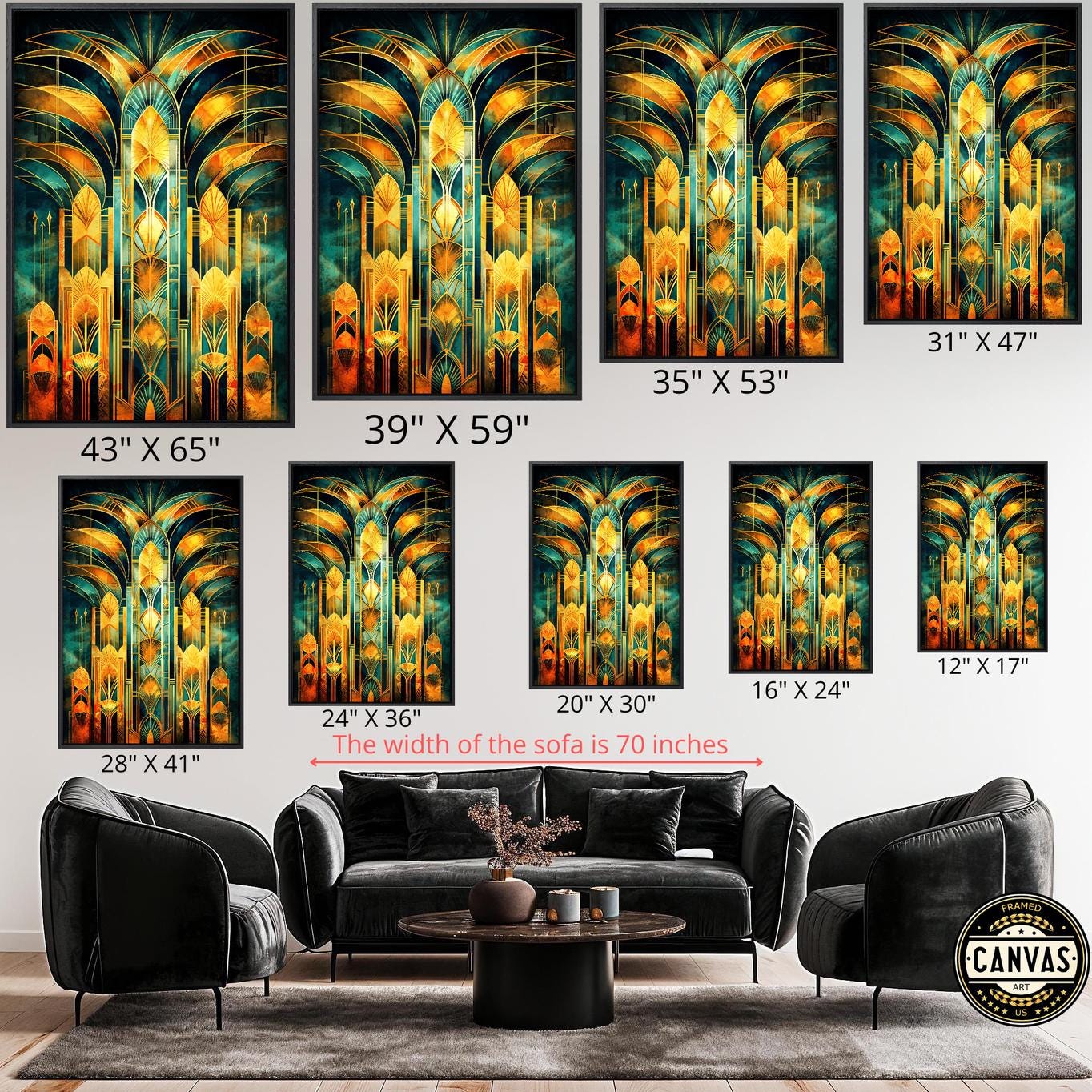 Stunning Art Deco Framed Wall Canvas Golden and Teal Geometric Art Deco ...