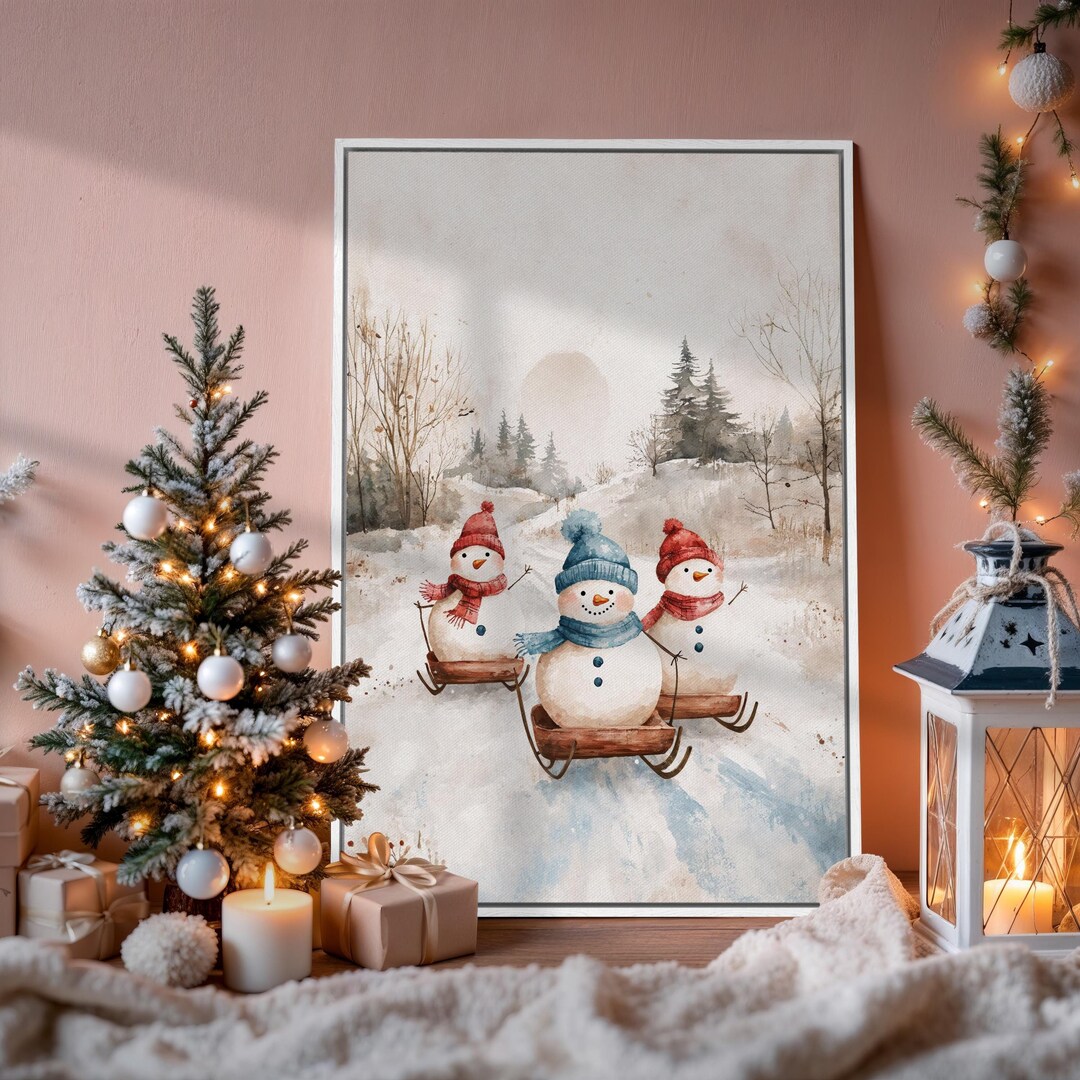 Funny Snowmen on Sled Framed Canvas Print Winter Magic Canvas Wall Art ...