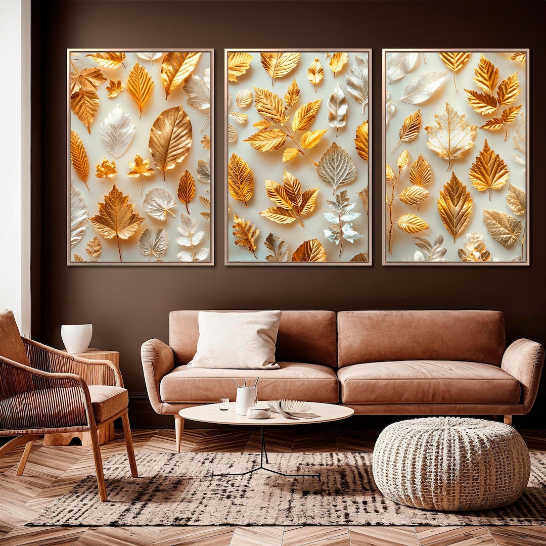 Autumn Leaves Luxury Set of 3 Framed Canvas Wall Art Gold and Silver ...