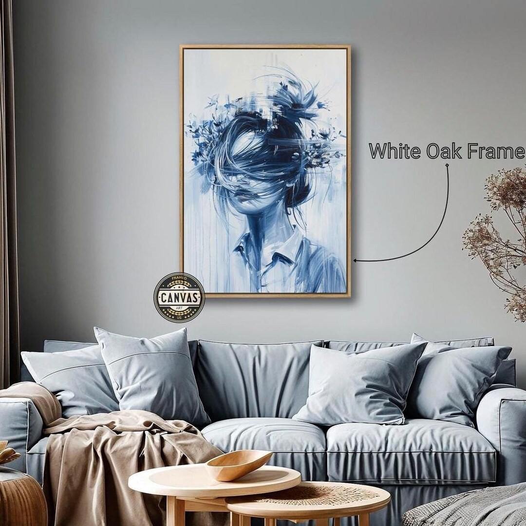 Abstract Blue Woman Portrait Framed Canvas Wall Art Contemporary ...