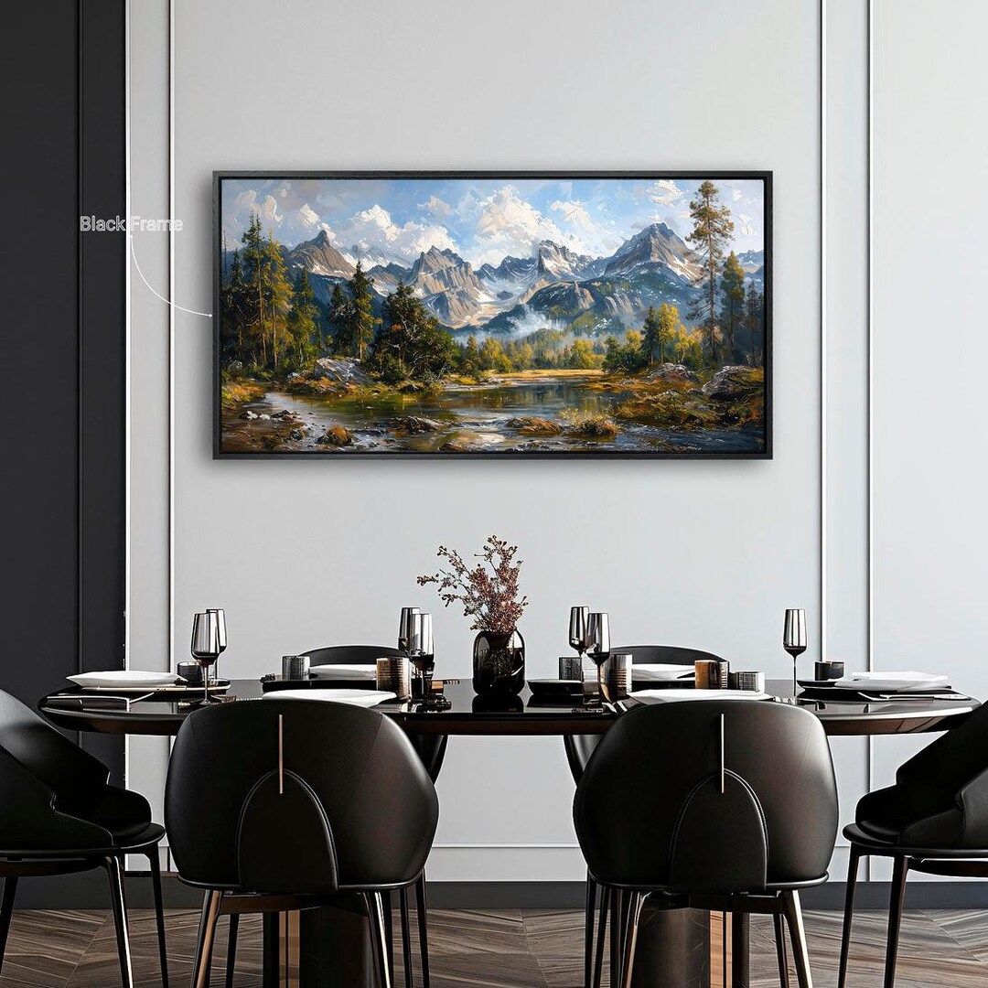 Mountain Landscape Framed Canvas Print Green Trees and River Canvas ...