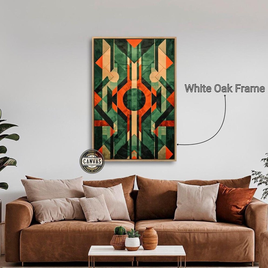 Vintage Geometric Art Deco Framed Wall Canvas Vibrant Symmetrical Art ...