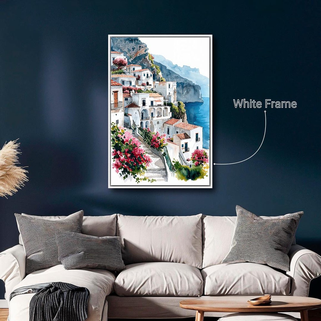 Amalfi Coast Framed Canvas Art, Italian Village Watercolor Print - Etsy
