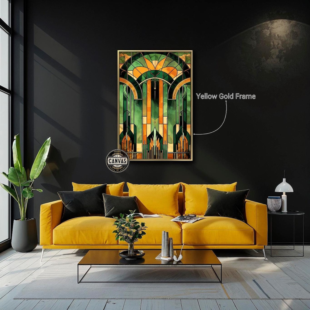 Art Deco Framed Canvas Wall Art Abstract Print Retro Style Painting Print Elegant Green and ...