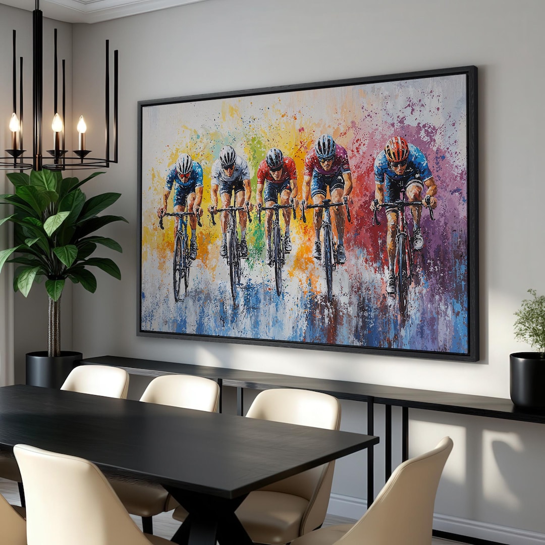 Cyclists Team Framed Canvas Wall Art Vibrant Cycling Race Painting ...